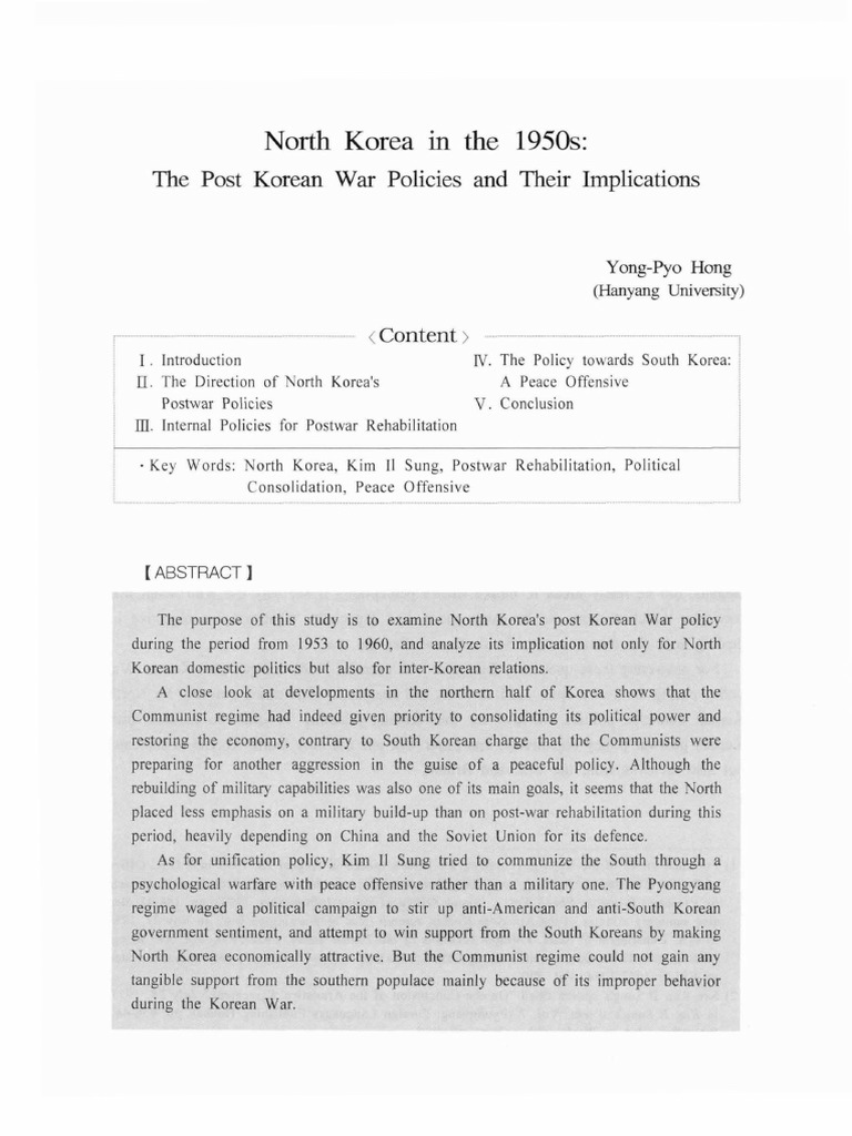 North Korea The 1950s:: Po Korean War Policies and Their Implications ...