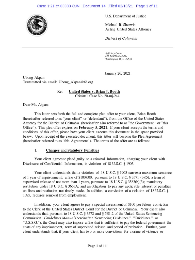 Plea Agreement for Brian J. Booth | PDF | United States Federal ...