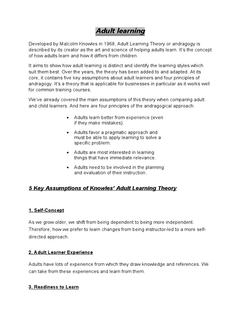 Understanding Adult Learning: Key Assumptions and Principles of Knowles ...