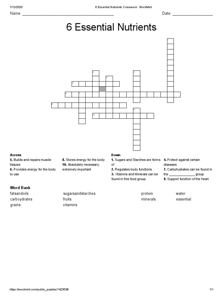 6 Essential Nutrients Crossword - WordMint | PDF