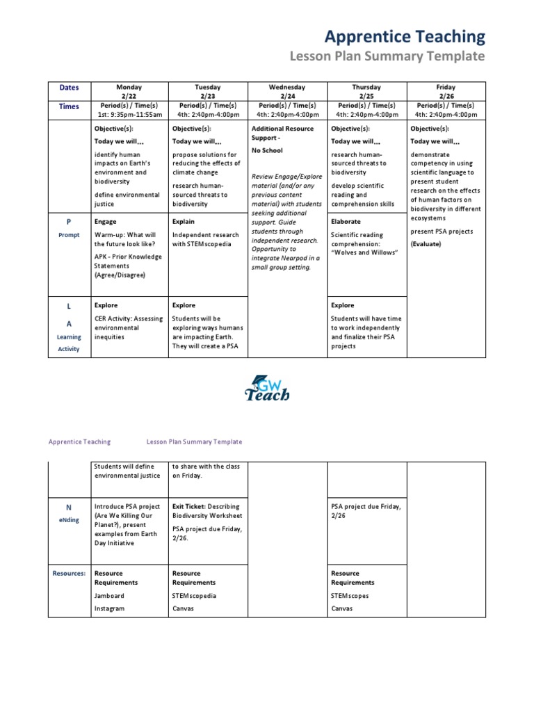 Apprentice Teaching: Lesson Plan Summary Template | PDF | Biodiversity ...