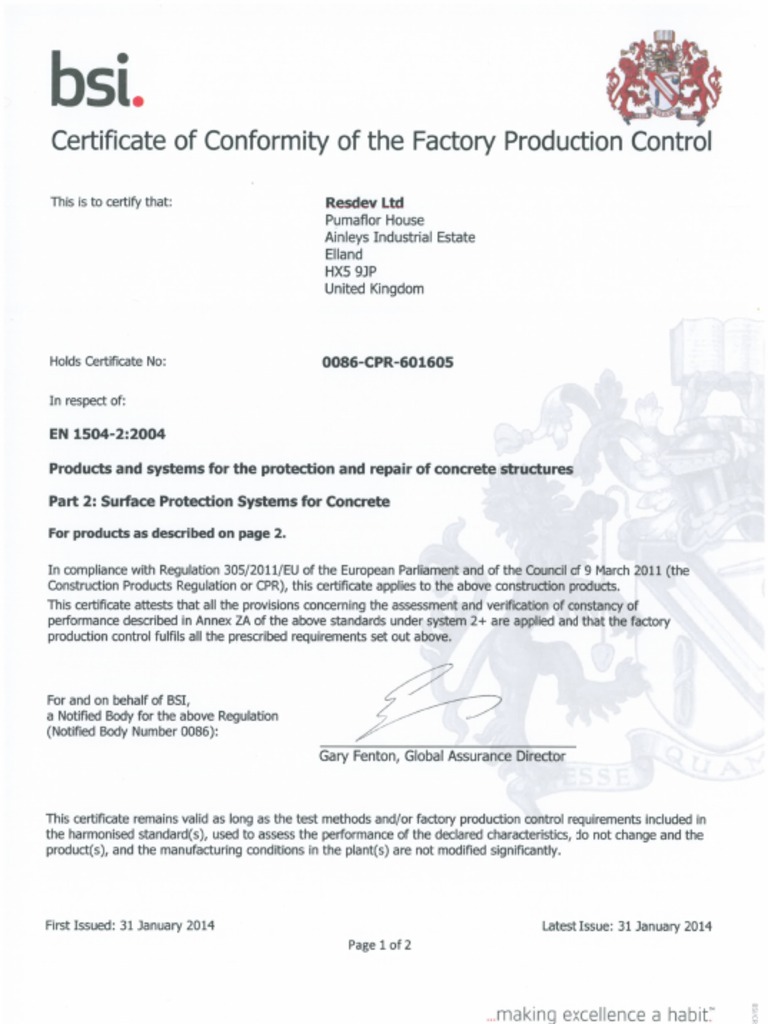 Certificate of Conformity of The Factory Production Control 0086-CPR ...