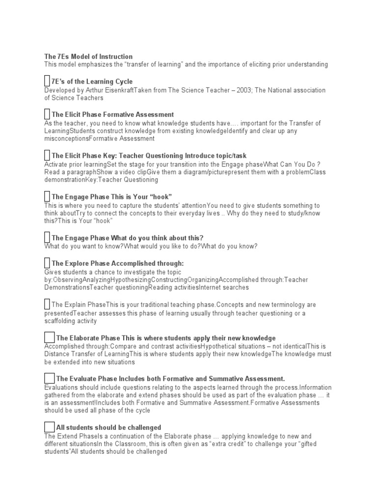 The 7es Model of Instruction | PDF | Educational Assessment | Applied ...