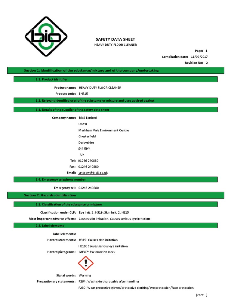 EN715 Heavy Duty Floor Cleaner SDS T1153 | PDF | Physical Sciences ...