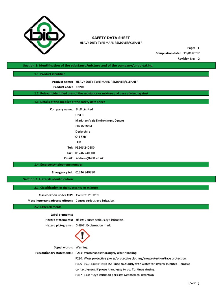 EN701 Heavy Duty Tyre Mark Remover Cleaner MSDS CLP | PDF | Safety ...