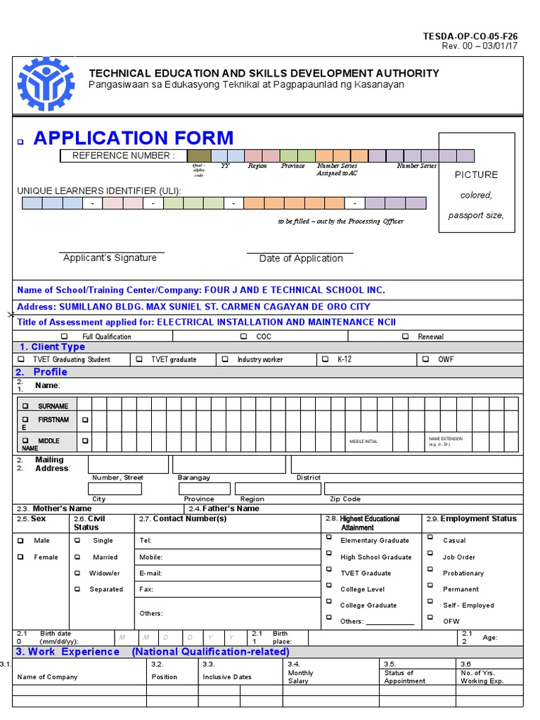 Application Form: Technical Education and Skills Development Authority ...