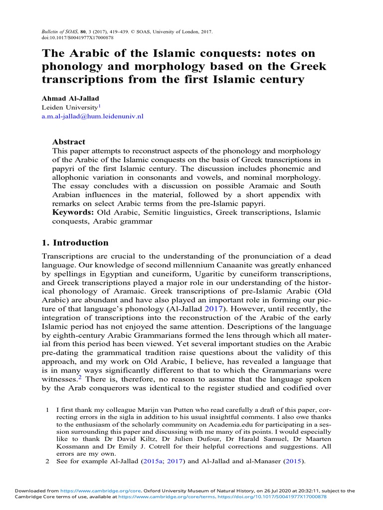Al-Jallad - The Arabic of The Islamic Conquests | PDF | Arabic | Syllable