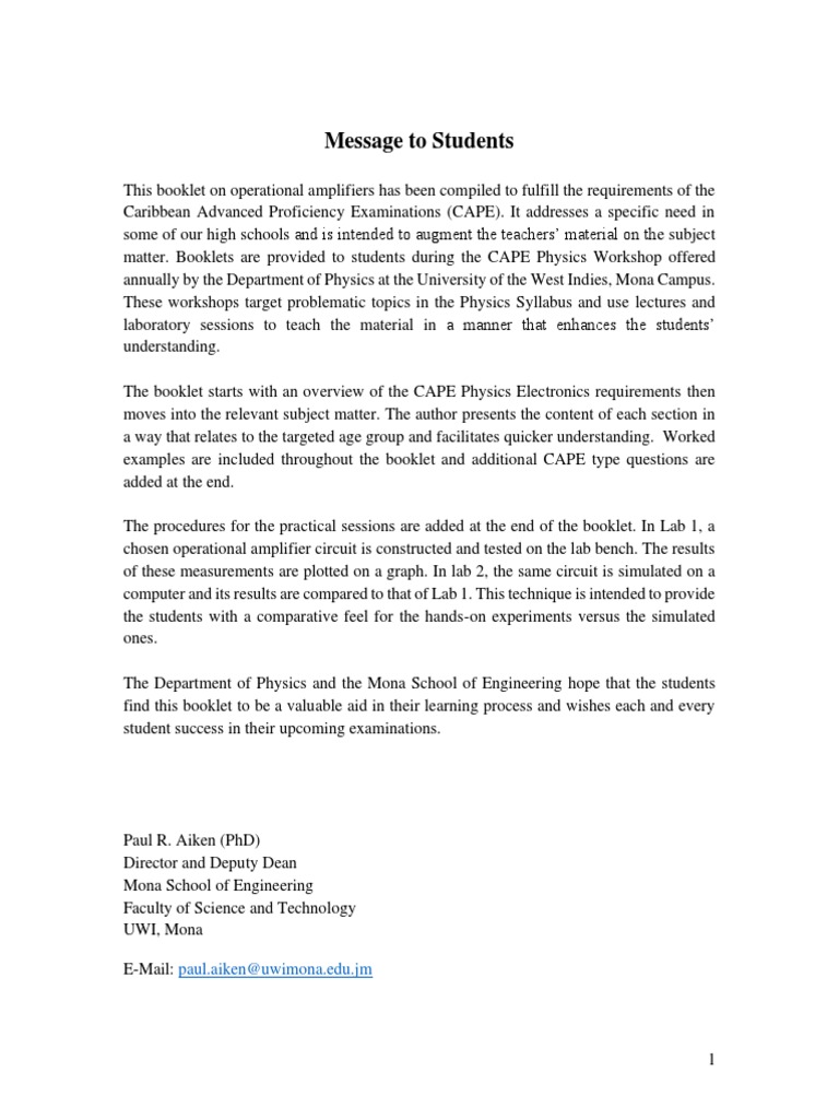 CAPE Physics Workshop Op Amp Workbook 2021 | PDF | Operational ...