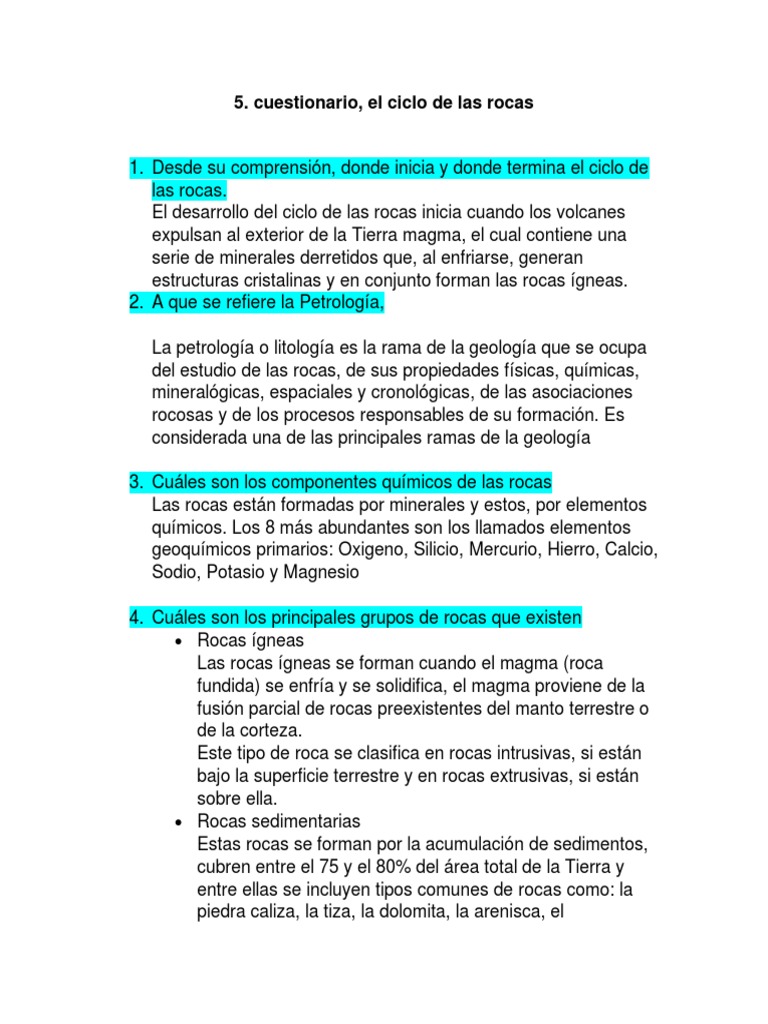 Cuestionario. El Ciclo de Las Rocas | PDF | Roca (geología) | Roca ígnea