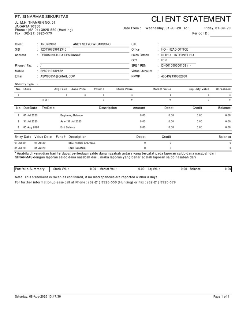 Client Statement: Pt. Sinarmas Sekuritas | PDF | Business | Financial ...