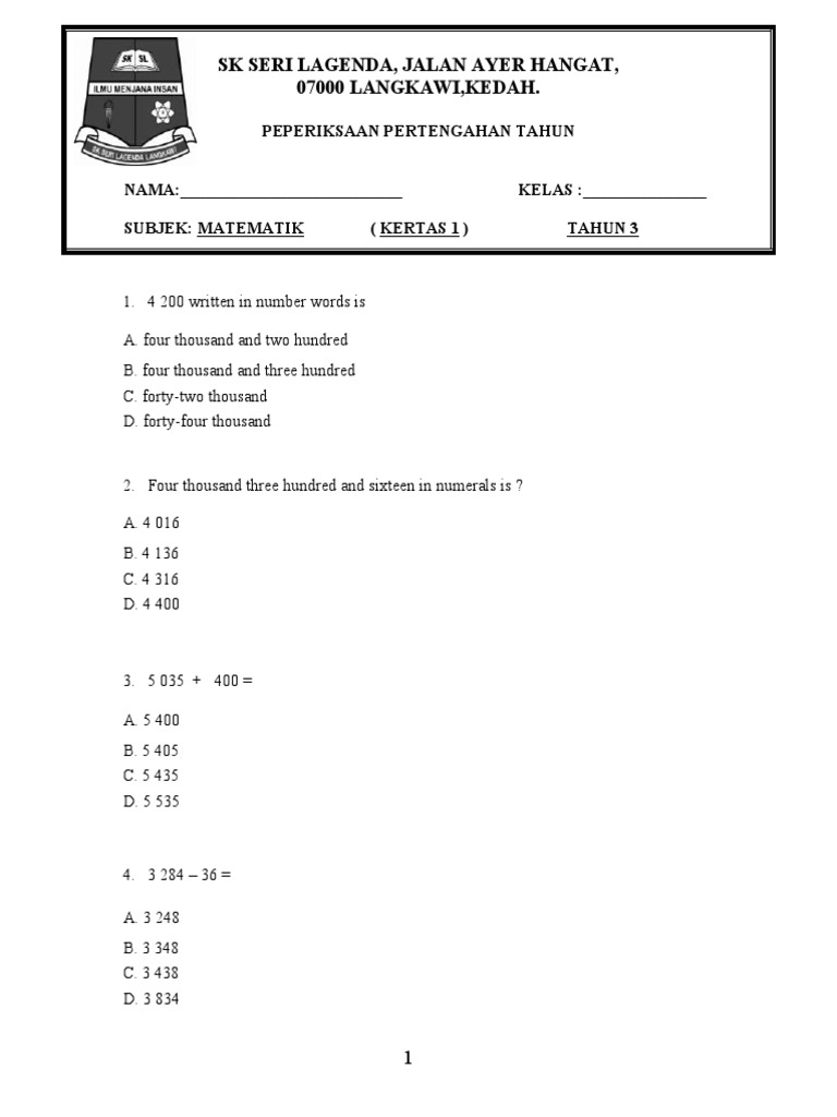 Soalan Mate Tahun 3 Setengan Tahun | PDF | Mathematics | Numbers