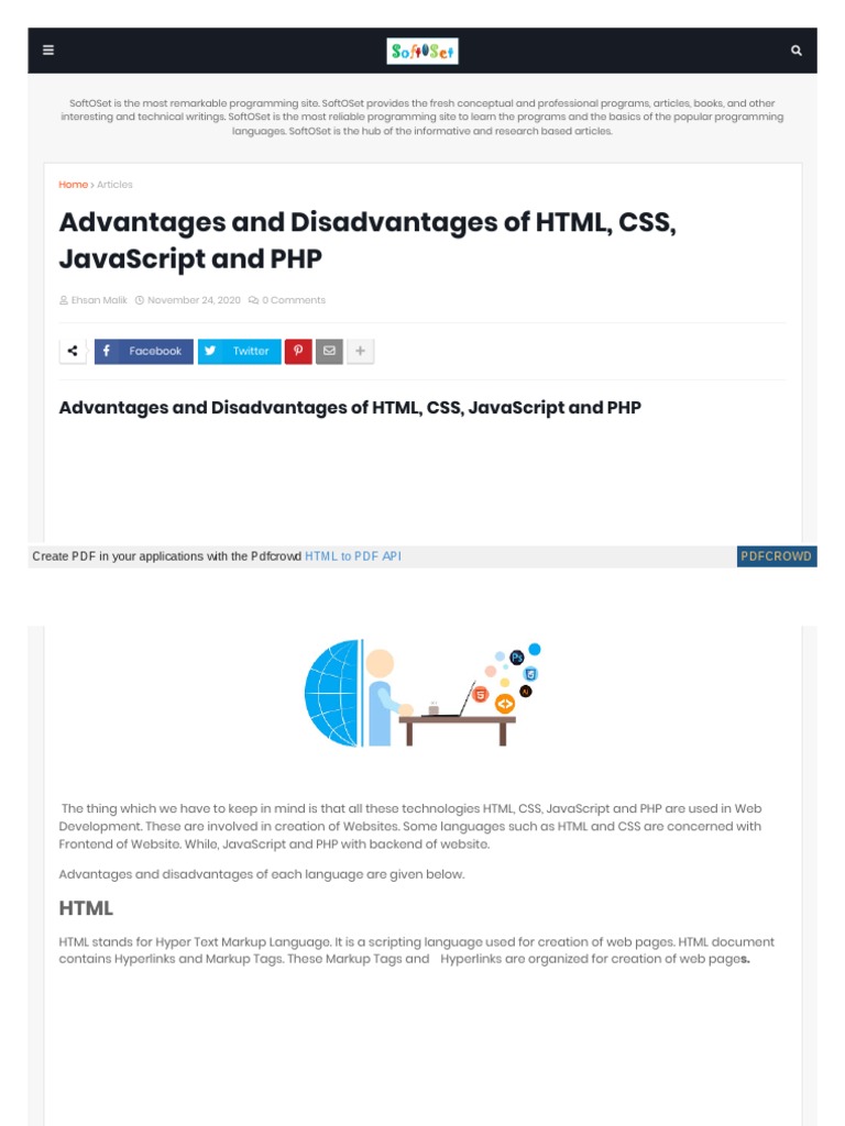 Advantages and Disadvantages of HTML, CSS, Javascript and PHP | PDF | Java Script | Php