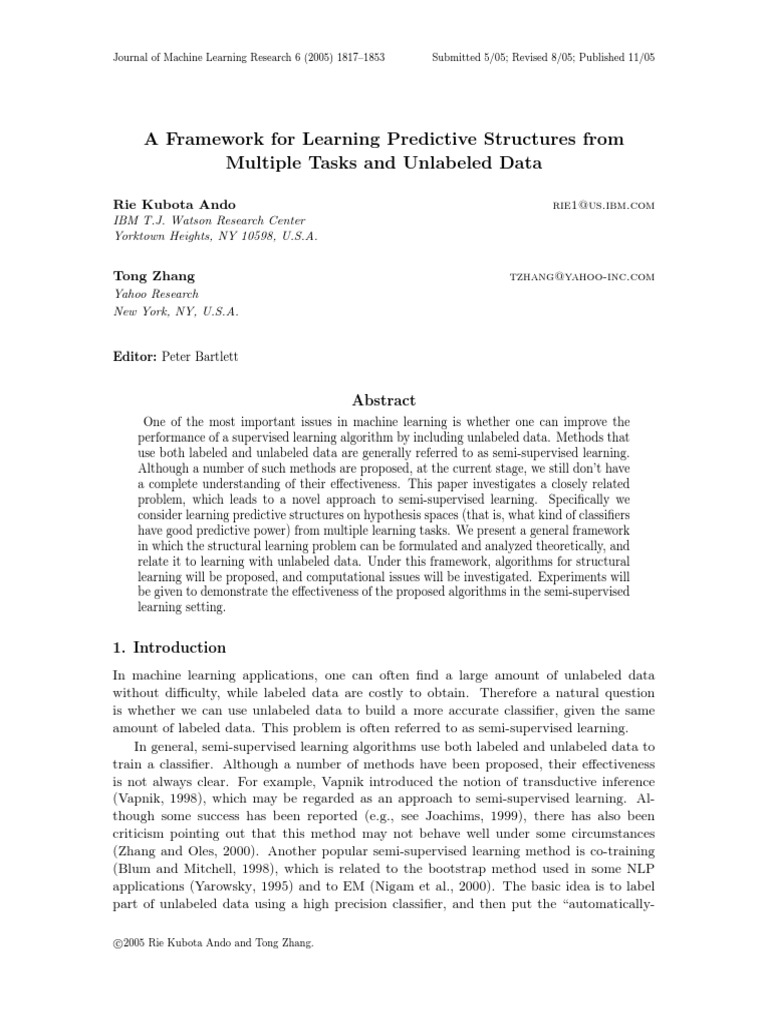 A Framework For Learning Predictive Structures From Multiple Tasks and Unlabeled Data | PDF ...