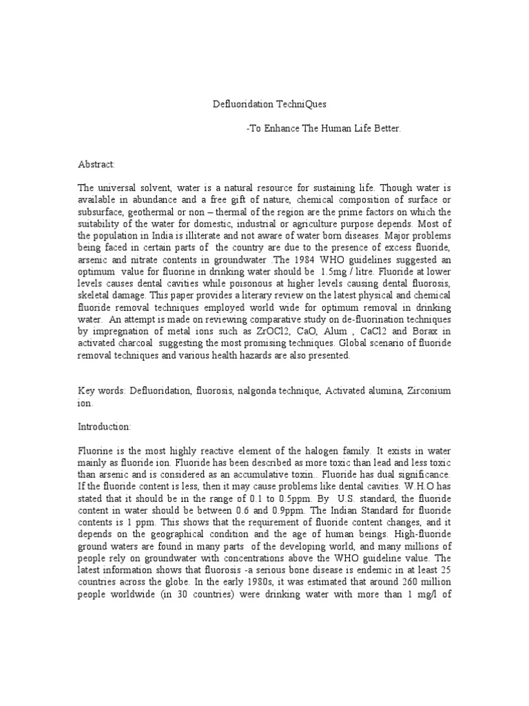 Defluoridation Techniques | PDF | Fluoride | Ion Exchange