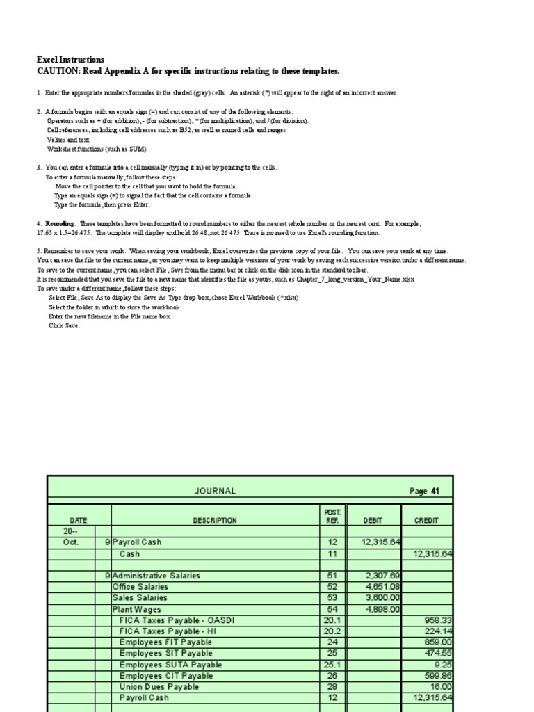 Excel Instructions CAUTION: Read Appendix A For Specific Instructions Relating To These ...
