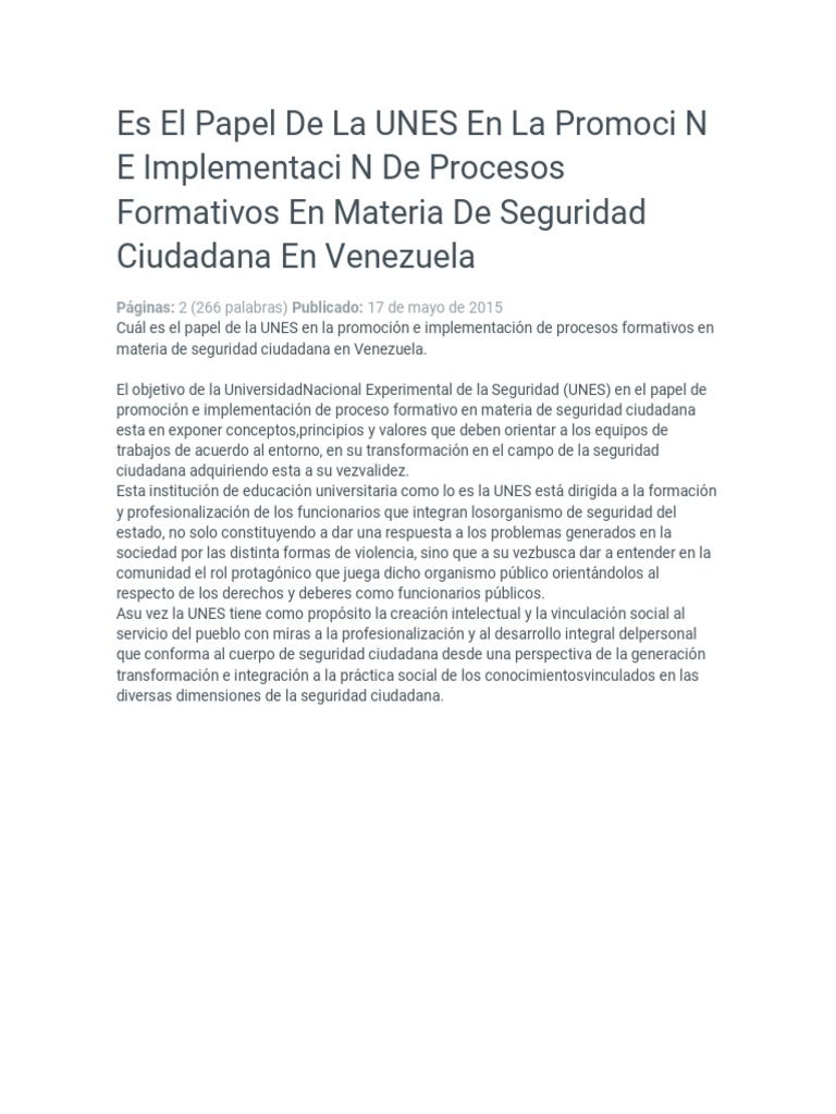 Es El Papel de La UNES en La Promoci N E Implementaci N de Procesos Formativos en Materia de ...