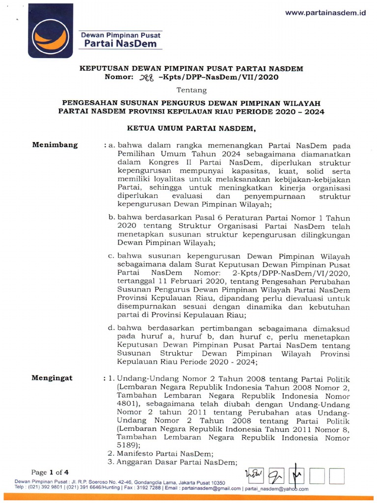SK Partai Nasdem Prov-Kepulauan Riau 20 Juli 2020-1 | PDF