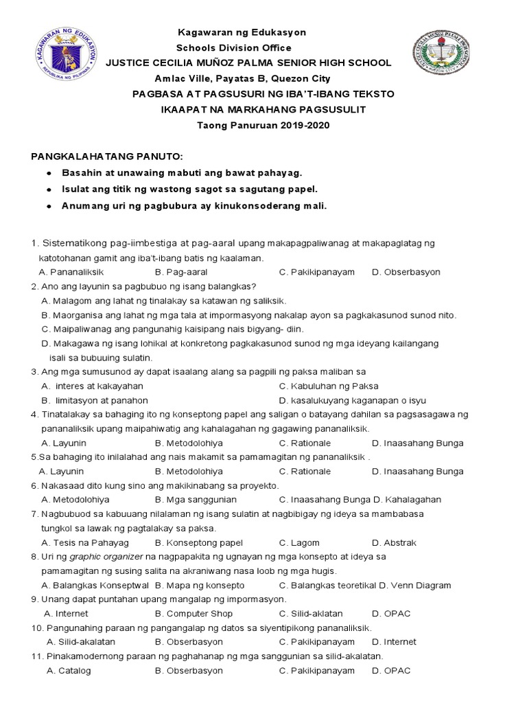Ikaapat Na Markahang Pagsusulit - Pagbasa at Pagsusuri NG Teksto | PDF