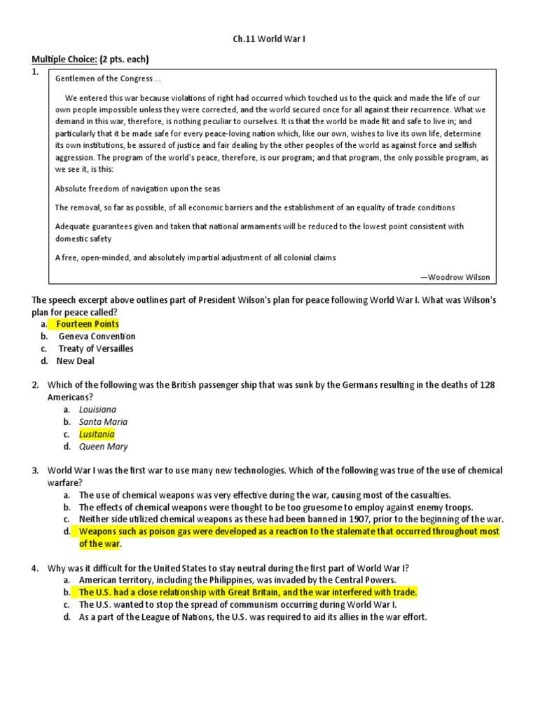 ch.11 Test-Key | PDF | Treaty Of Versailles | World War I