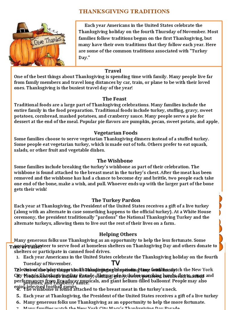 Thanksgiving Traditions Reading Comprehension Exercises Tests ...