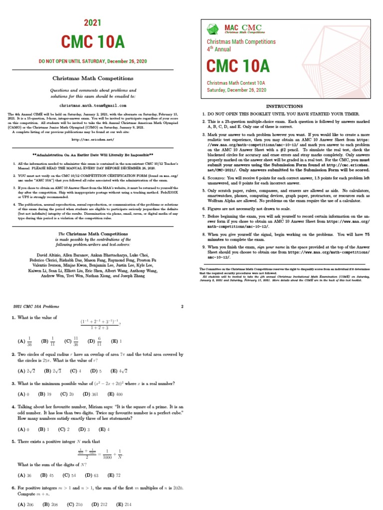 CMC 2021 10A Booklet | PDF | Square Root | Test (Assessment)