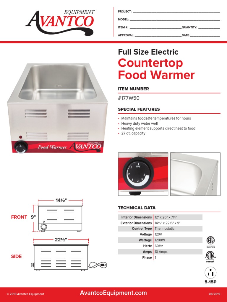 Avantco 177w50 Full Size Electric Countertop Food Warmer Specsheet | PDF