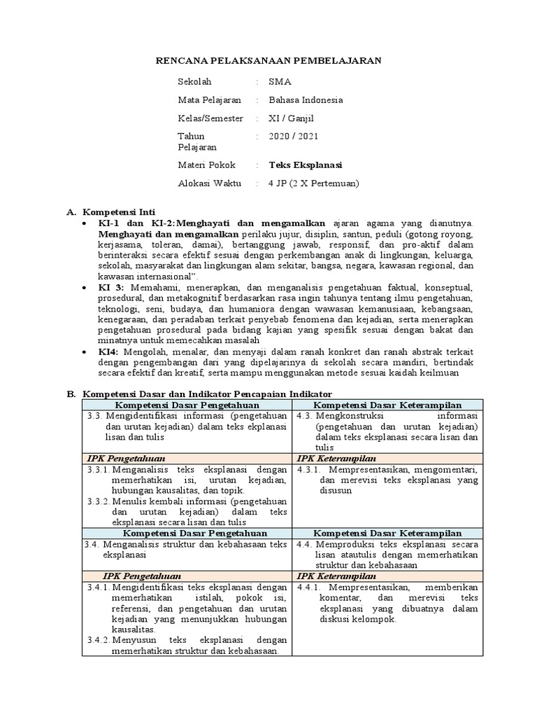RPP Xi Teks Eksplanasi | PDF