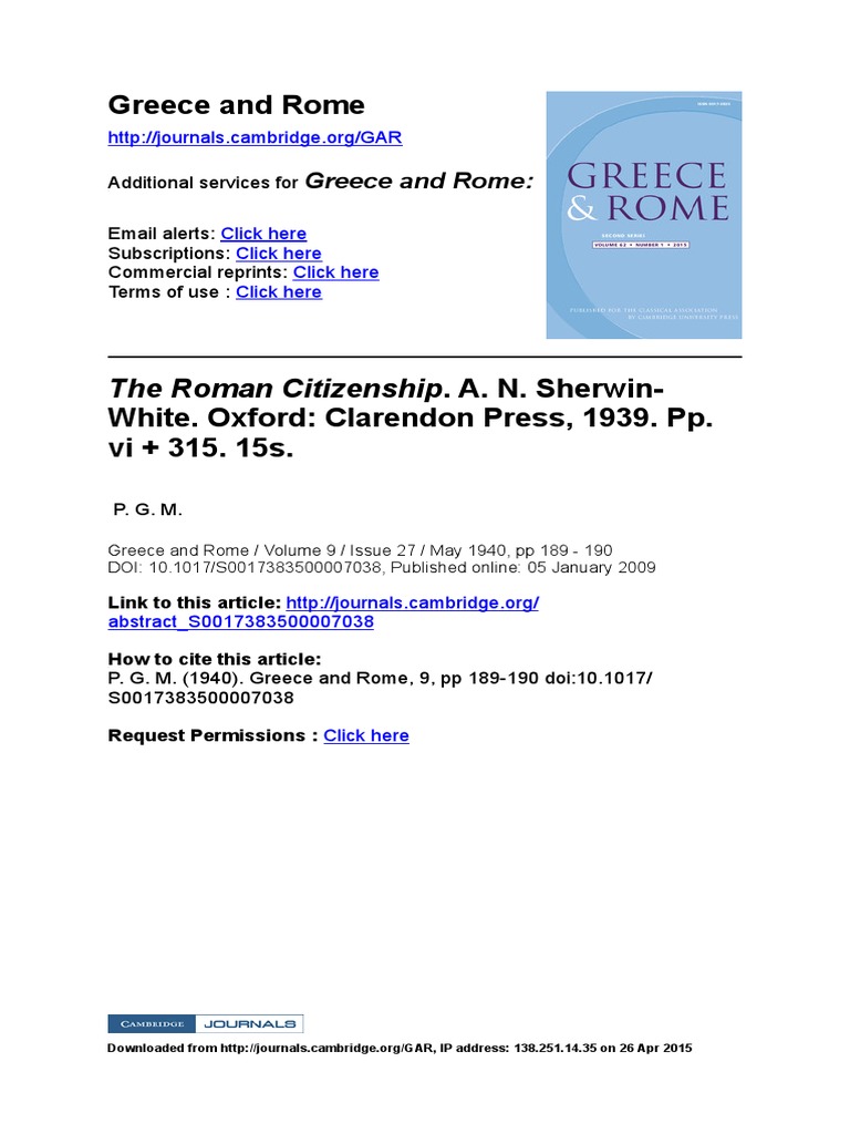 The Roman Citizenship by A.N. Sherwin-White (Book Review) | PDF ...