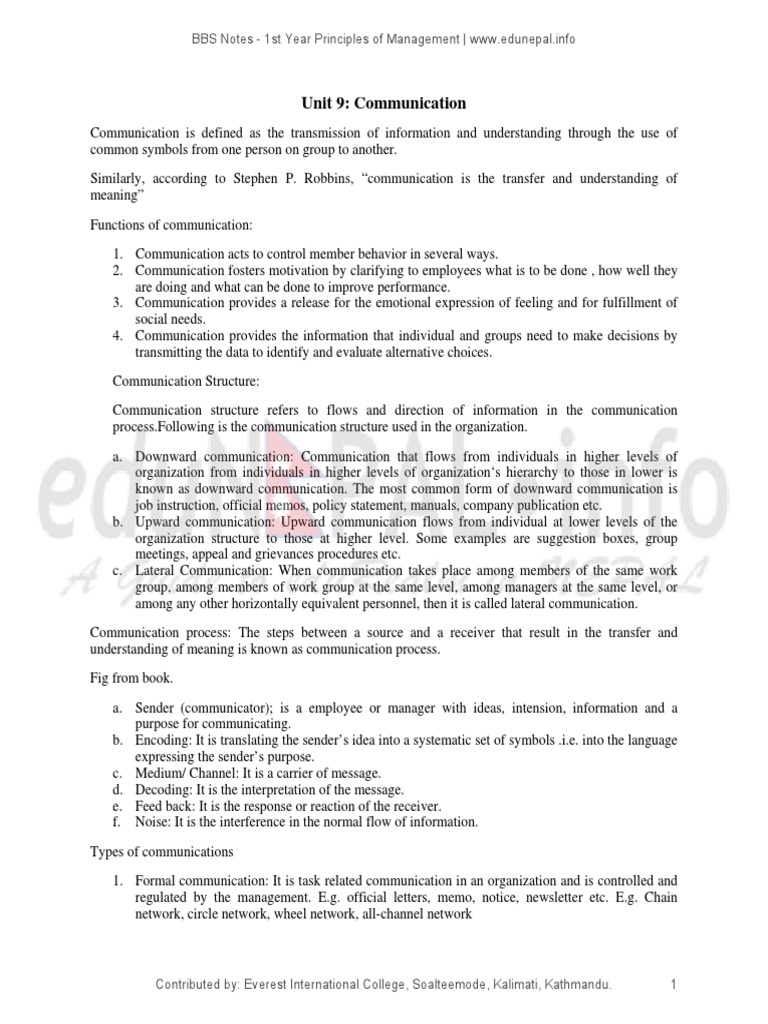 Unit 9: Communication: BBS Notes - 1st Year Principles of Management ...