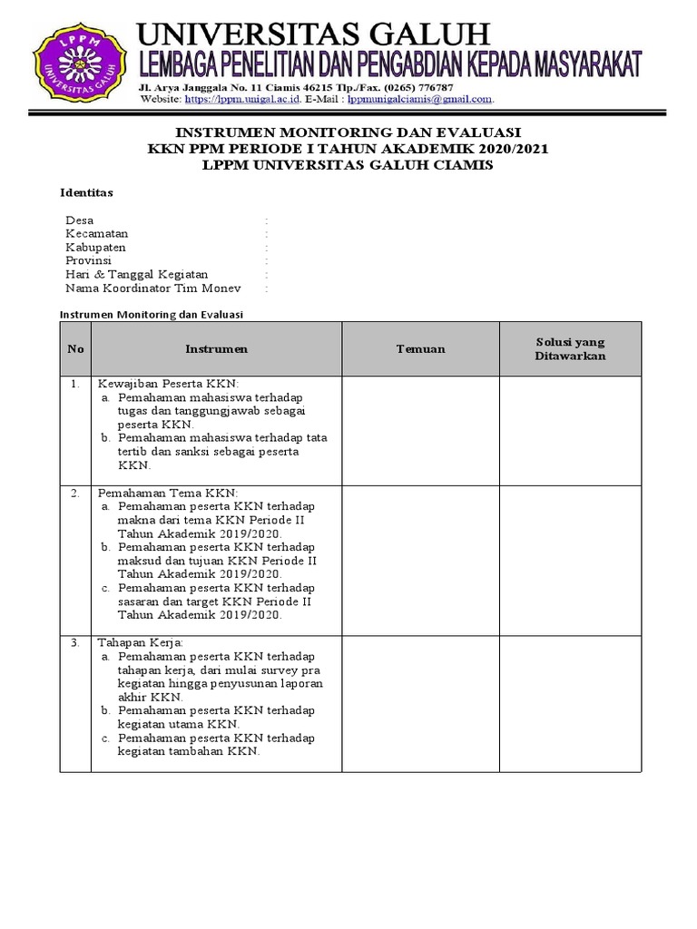 Instrumen Monev KKN 2020/2021 | PDF