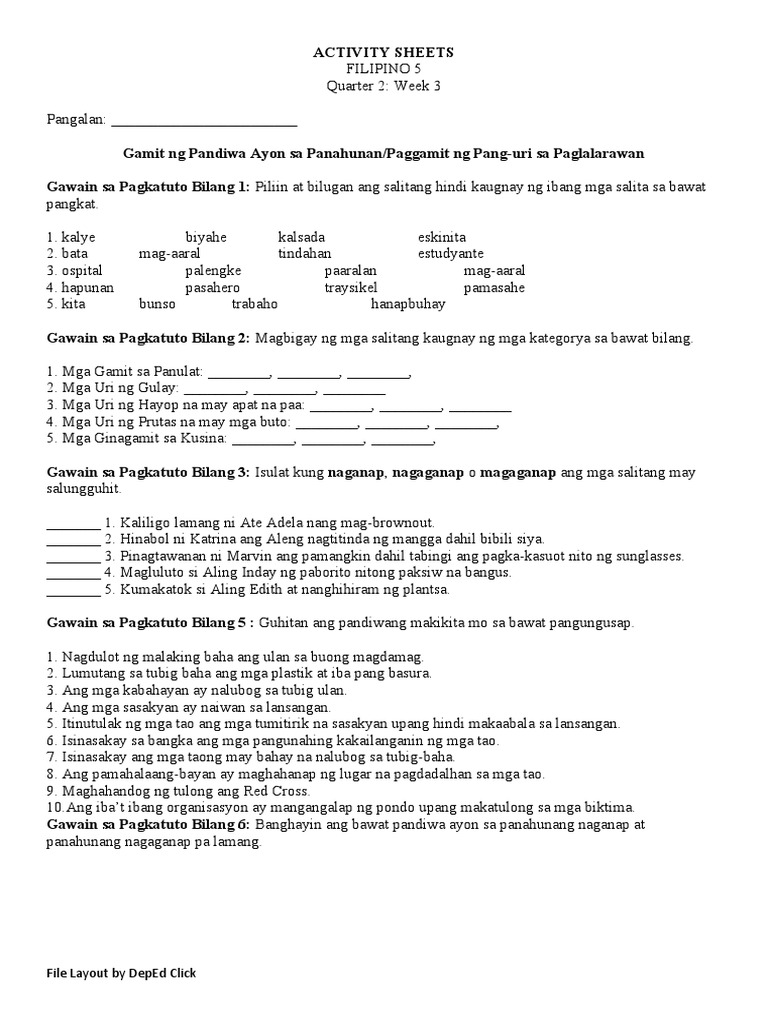 FILIPINO 5 Activity Sheet Q2 W3 | PDF