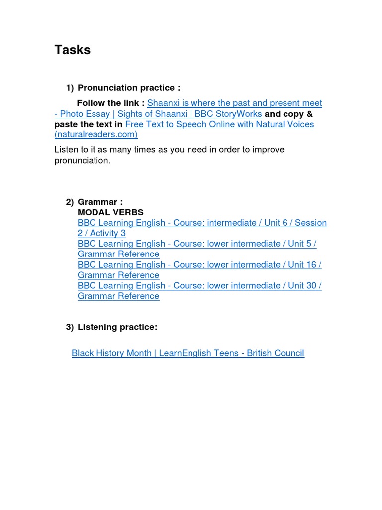Tasks: 1) Pronunciation Practice: Follow The Link: and Copy & Paste The ...
