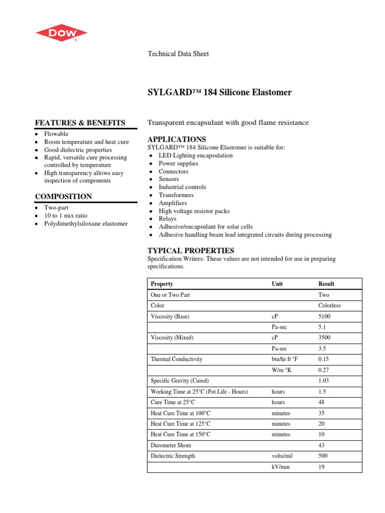 SYLGARD™ 184 Silicone Elastomer: Features & Benefits Applications | PDF ...