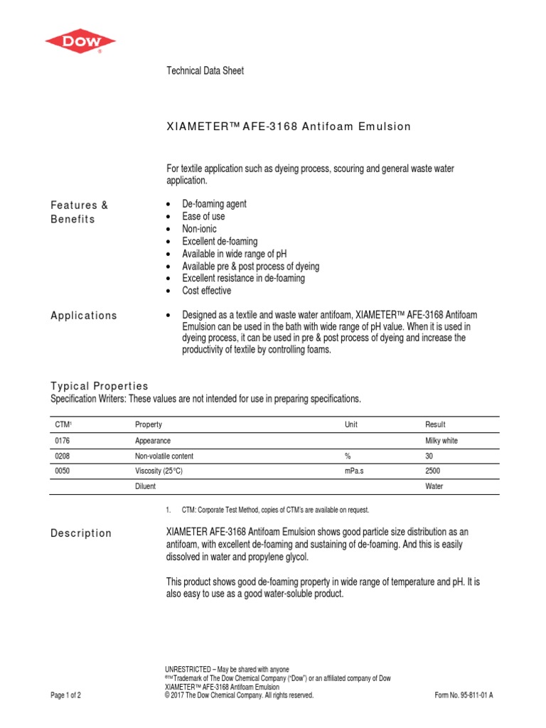 Afe 2017 Xiameter-Afe-3168-Antifoam-Emuls | PDF | Safety | Emulsion
