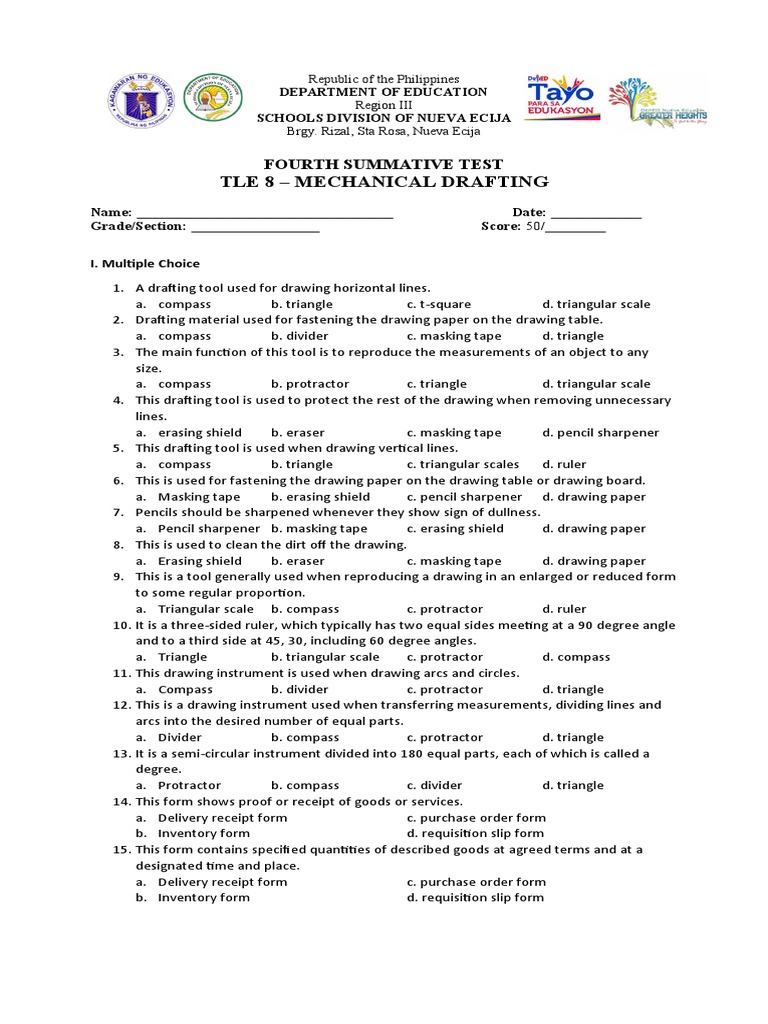 Grade 8 TLE Mechanical Drafting Test | PDF | Foot (Unit) | Receipt