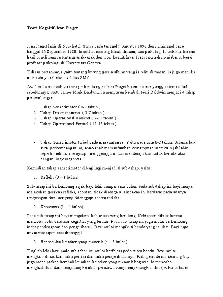Teori Kognitif Jean Piaget dan Tahapan Perkembangan Anak Menurut ...