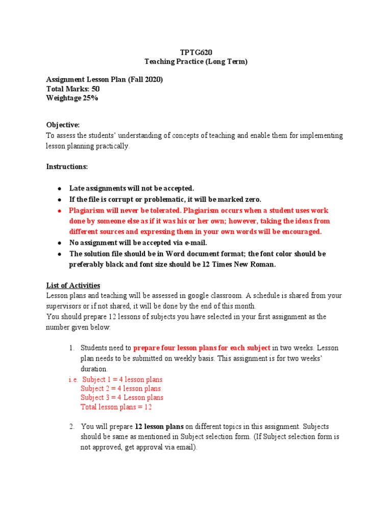 TPTG620 Teaching Practice (Long Term) Assignment Lesson Plan (Fall 2020 ...