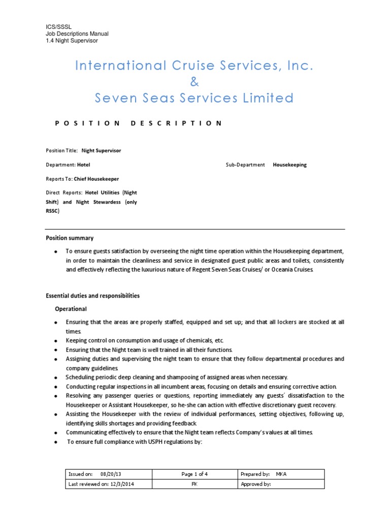 Night Supervisor Job Description | PDF | Occupational Safety And Health ...