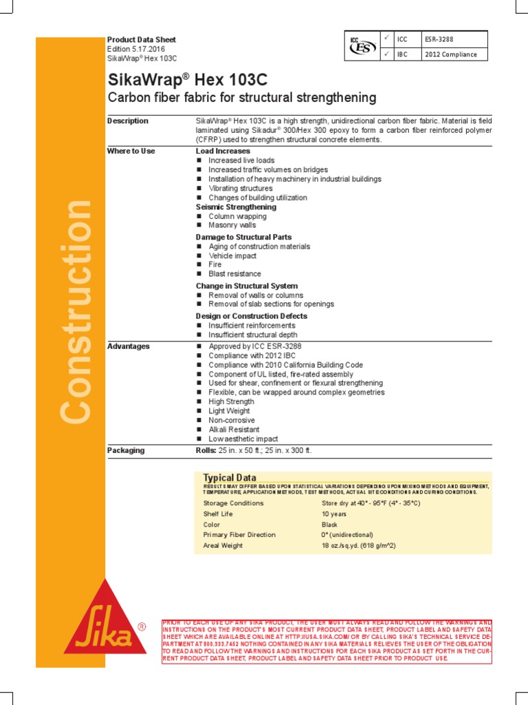 Sikawrap Hex 103C: Carbon Fiber Fabric For Structural Strengthening | PDF | Materials | Building ...