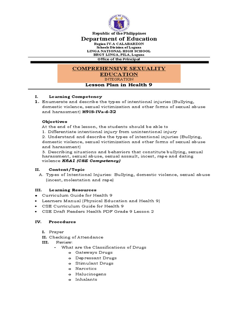 Comprehensive Sexuality Education Lesson Plan on Types of Intentional ...