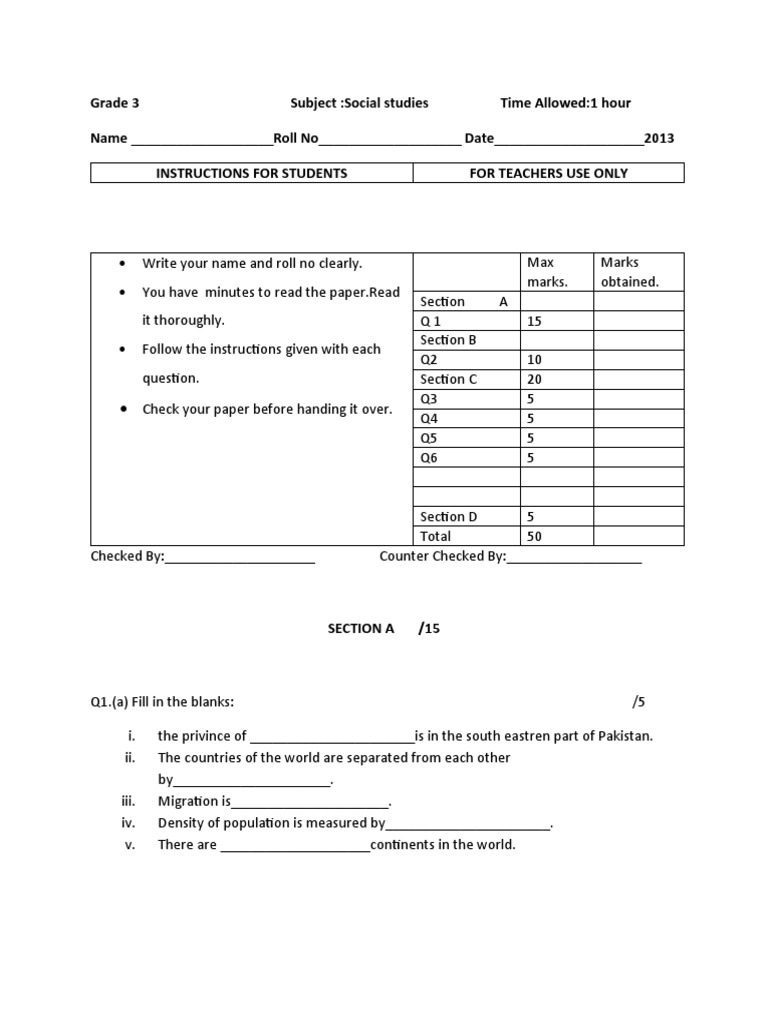 Grade 3 Subject:Social Studies Time Allowed:1 Hour Name - Roll No ...