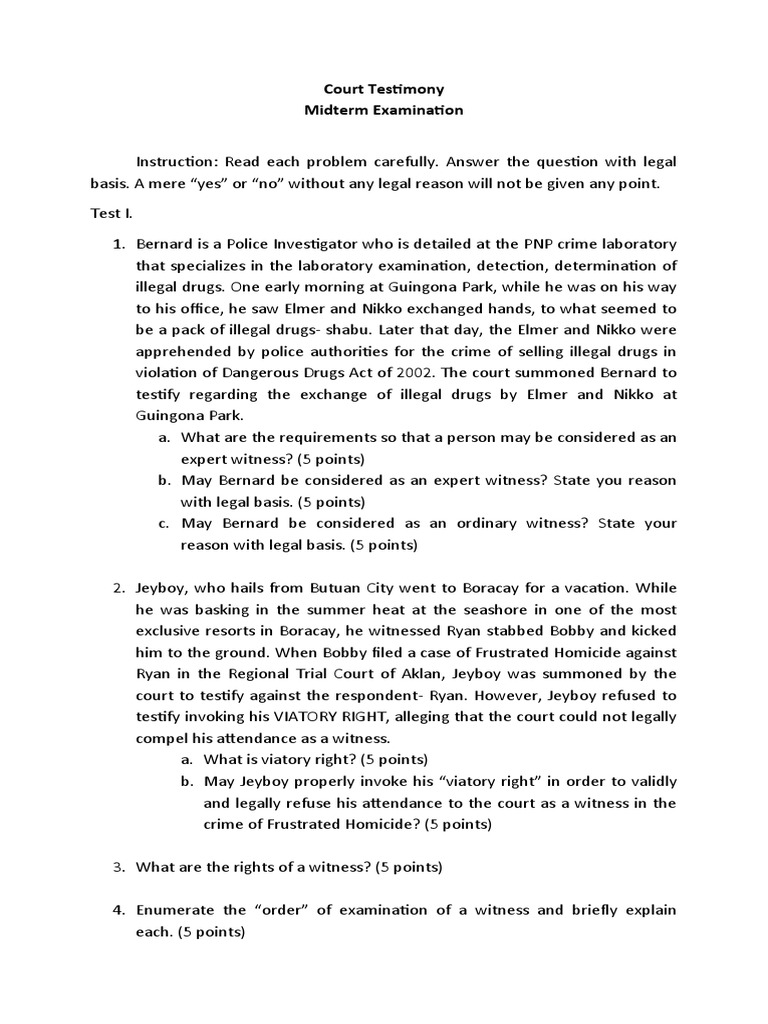 Legal Testimony Exam Guide | PDF | Contempt Of Court | Witness
