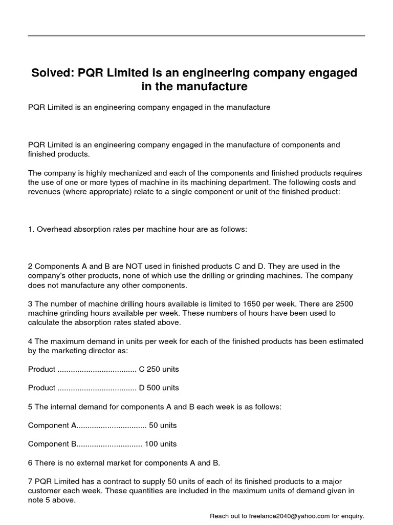 PQR Limited Is An Engineering Company Engaged in The Manufacture | PDF ...