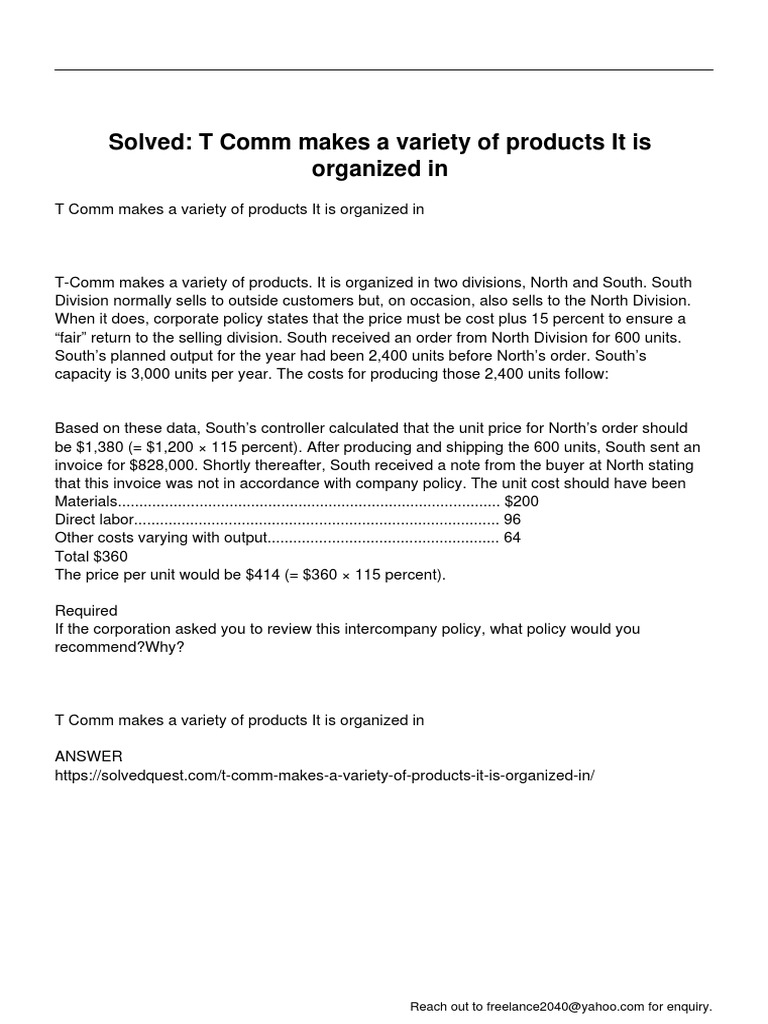 T Comm Makes A Variety of Products It Is Organized in | PDF | Prices | Business