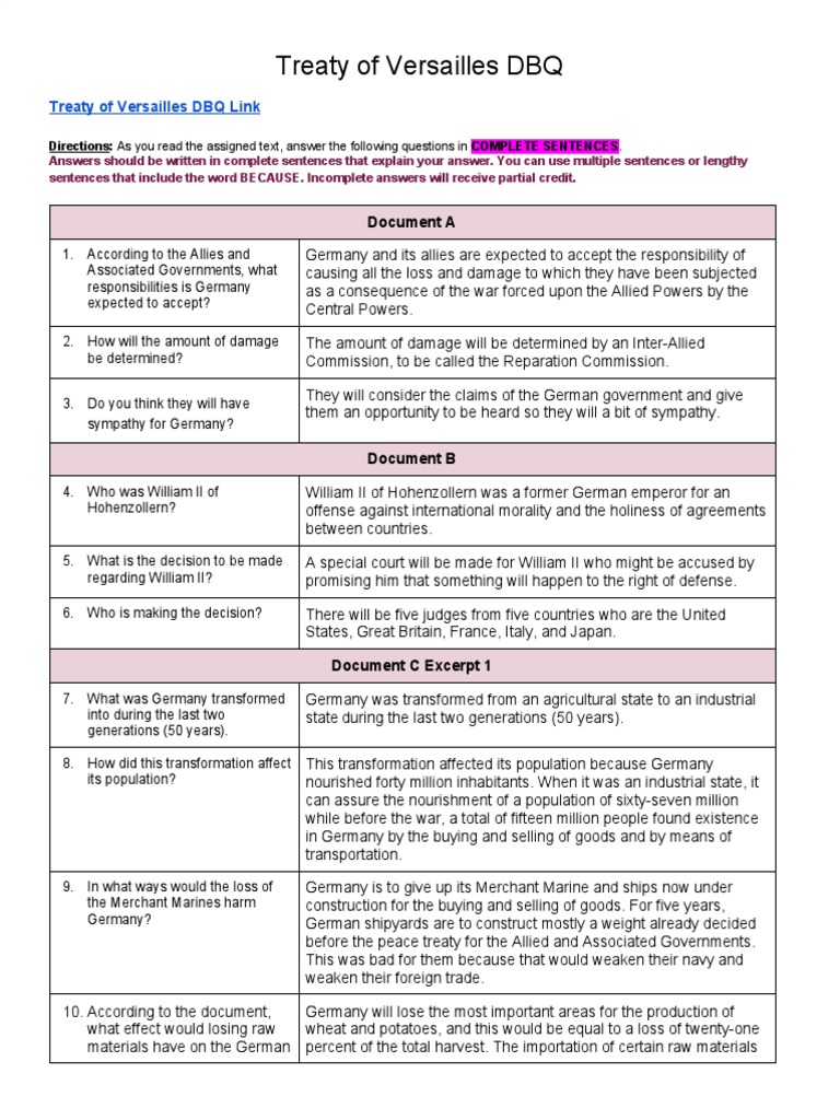 Treaty of Versailles DBQ Graphic Organizer | PDF | Treaty Of Versailles ...