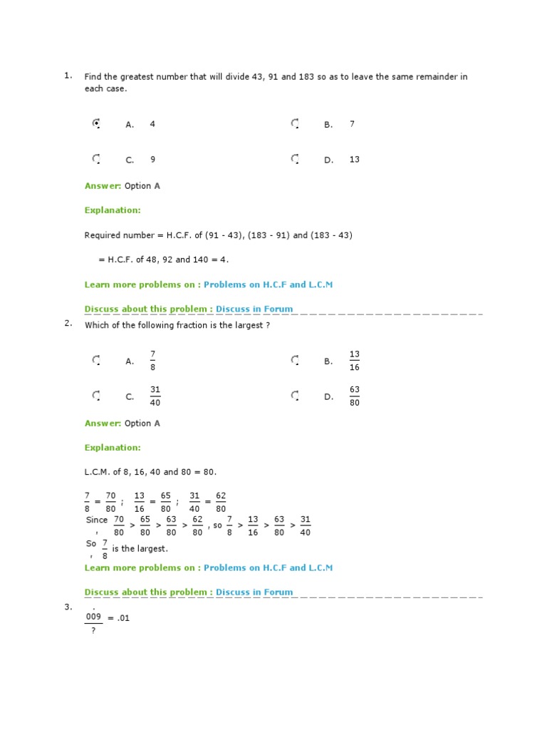 Answer: Explanation:: Problems On H.C.F and L.C.M Discuss in Forum ...