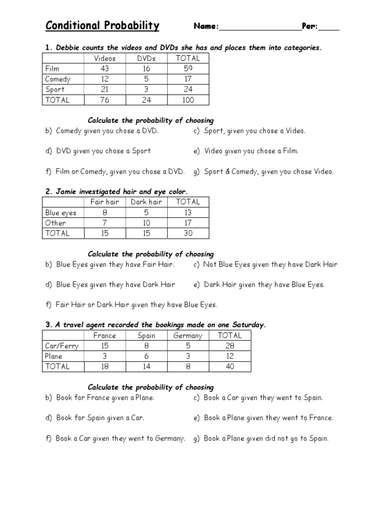 Conditional Probability With 2 Way Tables WS PDF | PDF