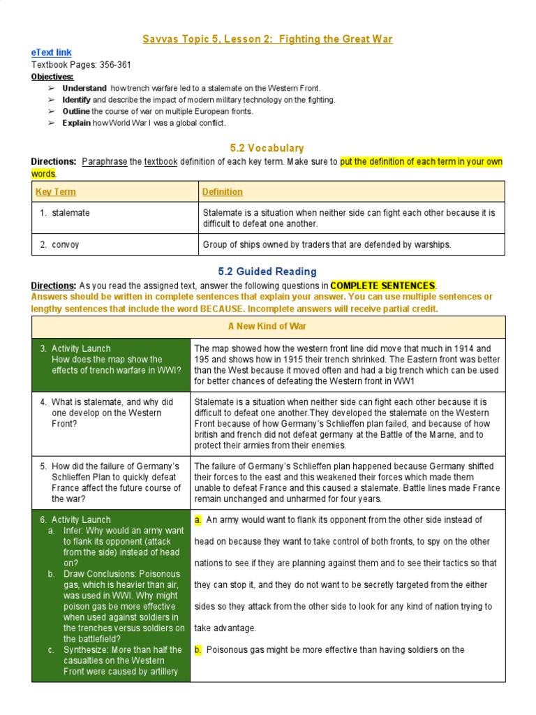 Savvas Topic 5, Lesson 2: Fighting The Great War: 5.2 Guided Reading ...