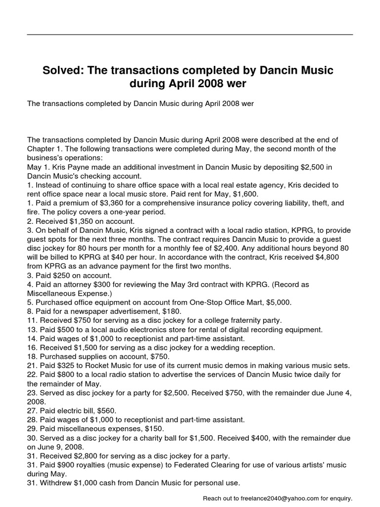 The Transactions Completed by Dancin Music During April 2008 Wer | PDF ...