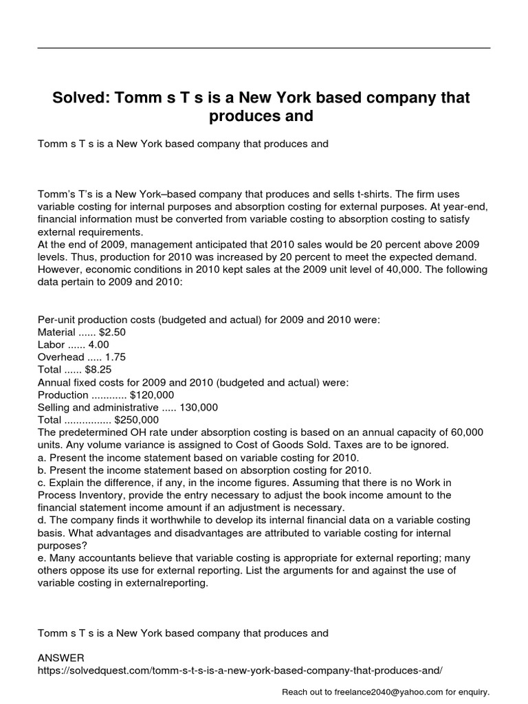 Tomm's T's Costing Methods Explained | PDF
